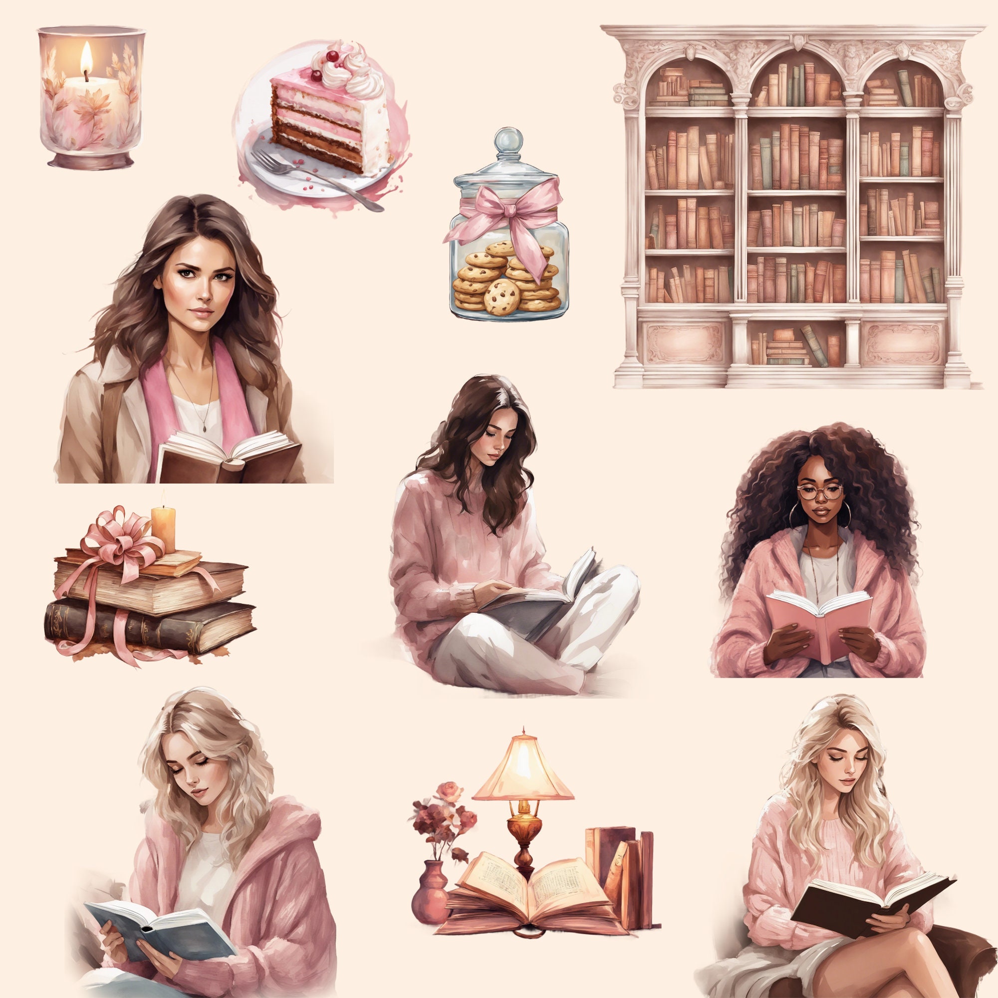 Bookworm Blush Pink Clipart Watercolor Book Lover Clipart Bundle ...