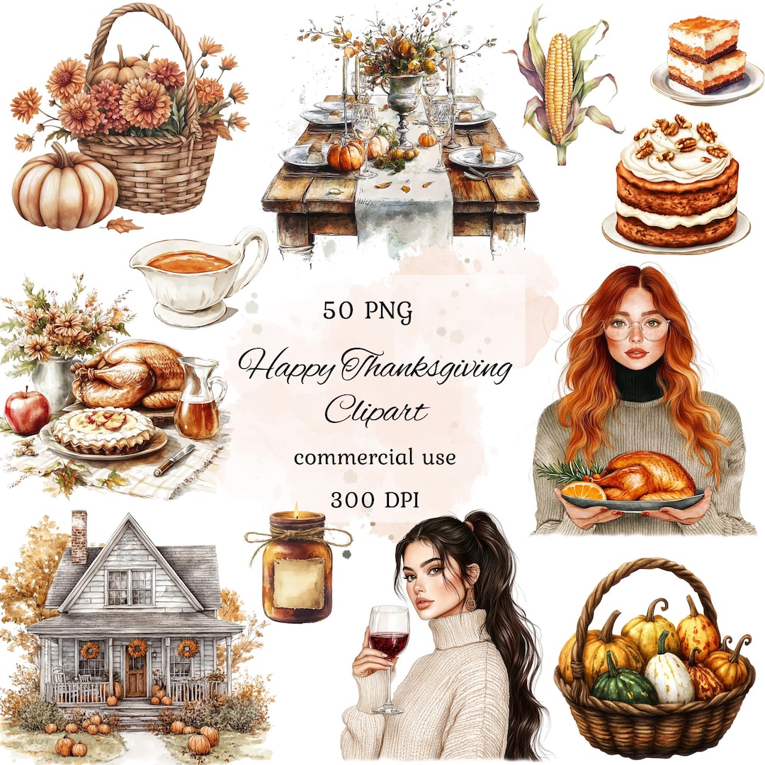 Thanksgiving Watercolor Clipart Png Bundle, Happy Thanksgiving Dinner ...