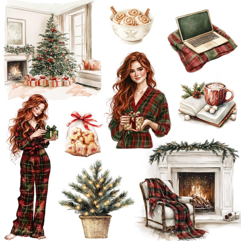 Watercolor Christmas Morning Clipart Png Bundle, Cozy Christmas Pajamas ...