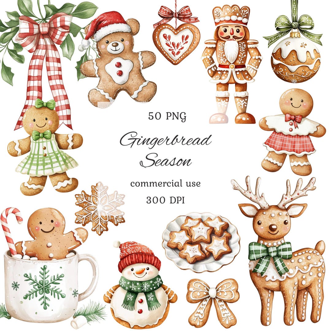 Watercolor Christmas Gingerbread Clipart: 50 PNG Bundle (digital ...
