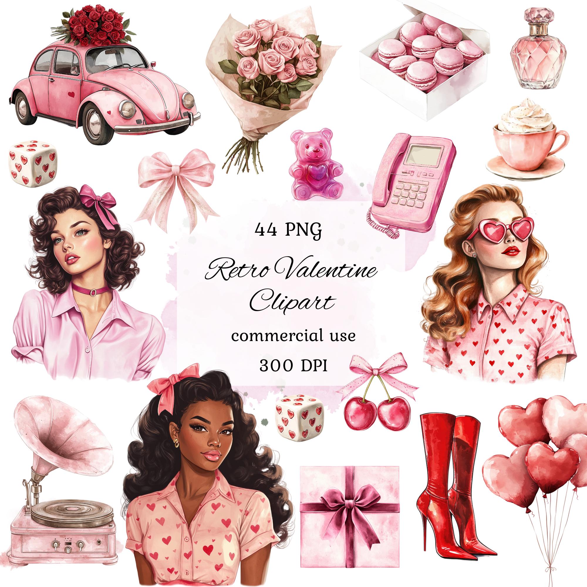 Watercolor Retro Valentine Clipart Png Bundle, Retro Woman Clipart ...