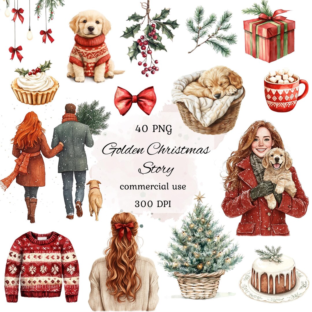 Watercolor Christmas Clipart Png Bundle, Christmas Dog Clipart, Cozy ...