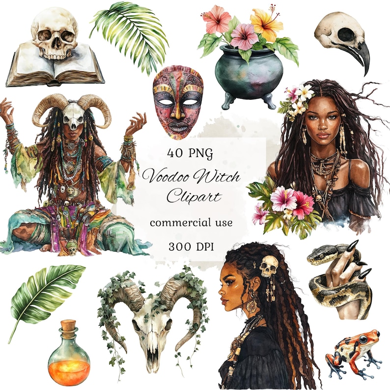 Watercolor Voodoo Witch Clipart Png Bundle, African Voodoo, Occult ...