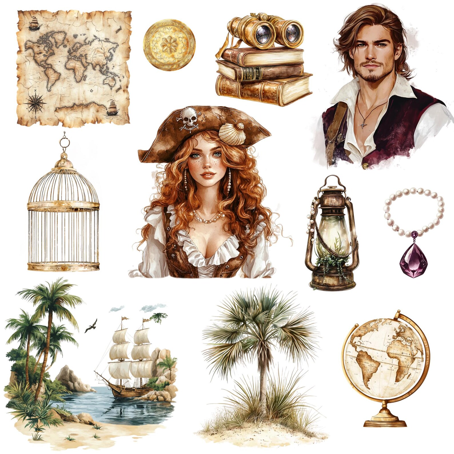 Watercolor Piratecore Clipart Png Bundle, Pirate Ship Clipart, Pirate ...
