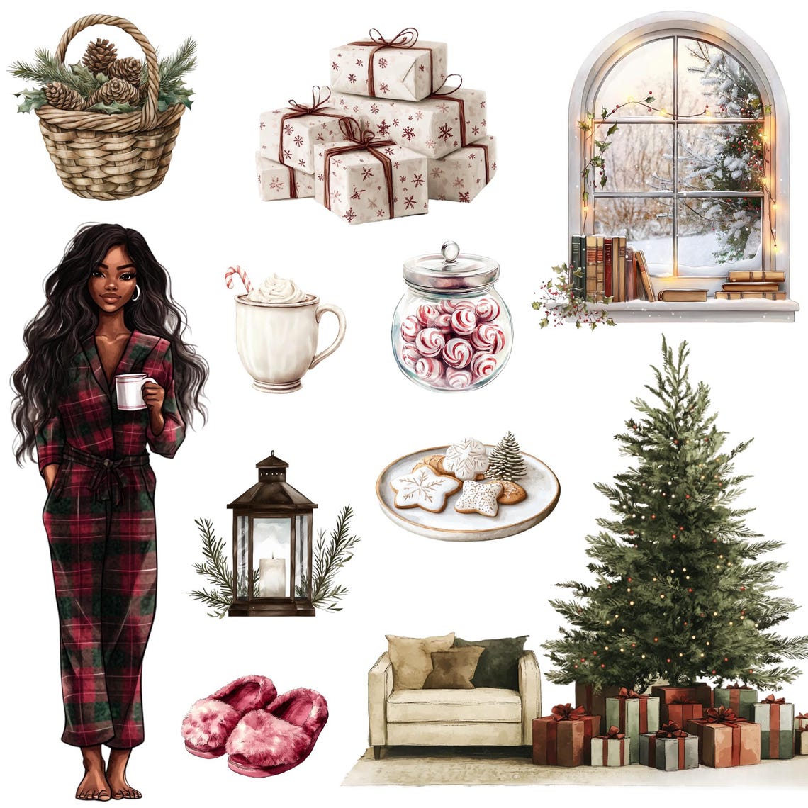 Watercolor Christmas Morning Clipart Png Bundle, Cozy Christmas Pajamas ...
