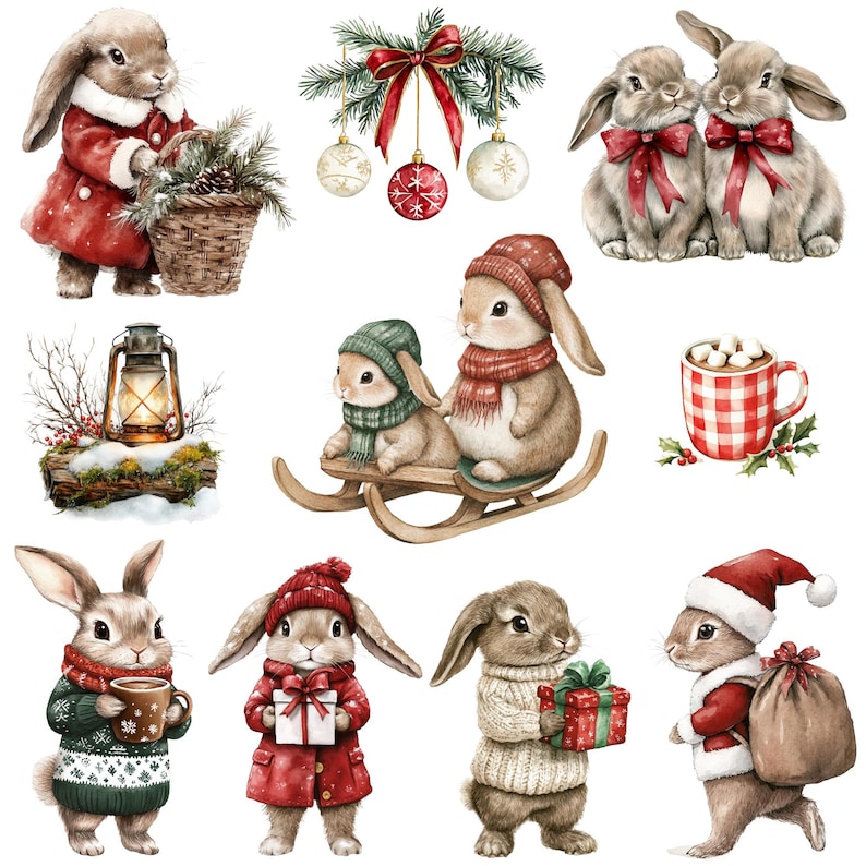 Watercolor Vintage Bunny Clipart Png Bundle, Whimsical Christmas ...