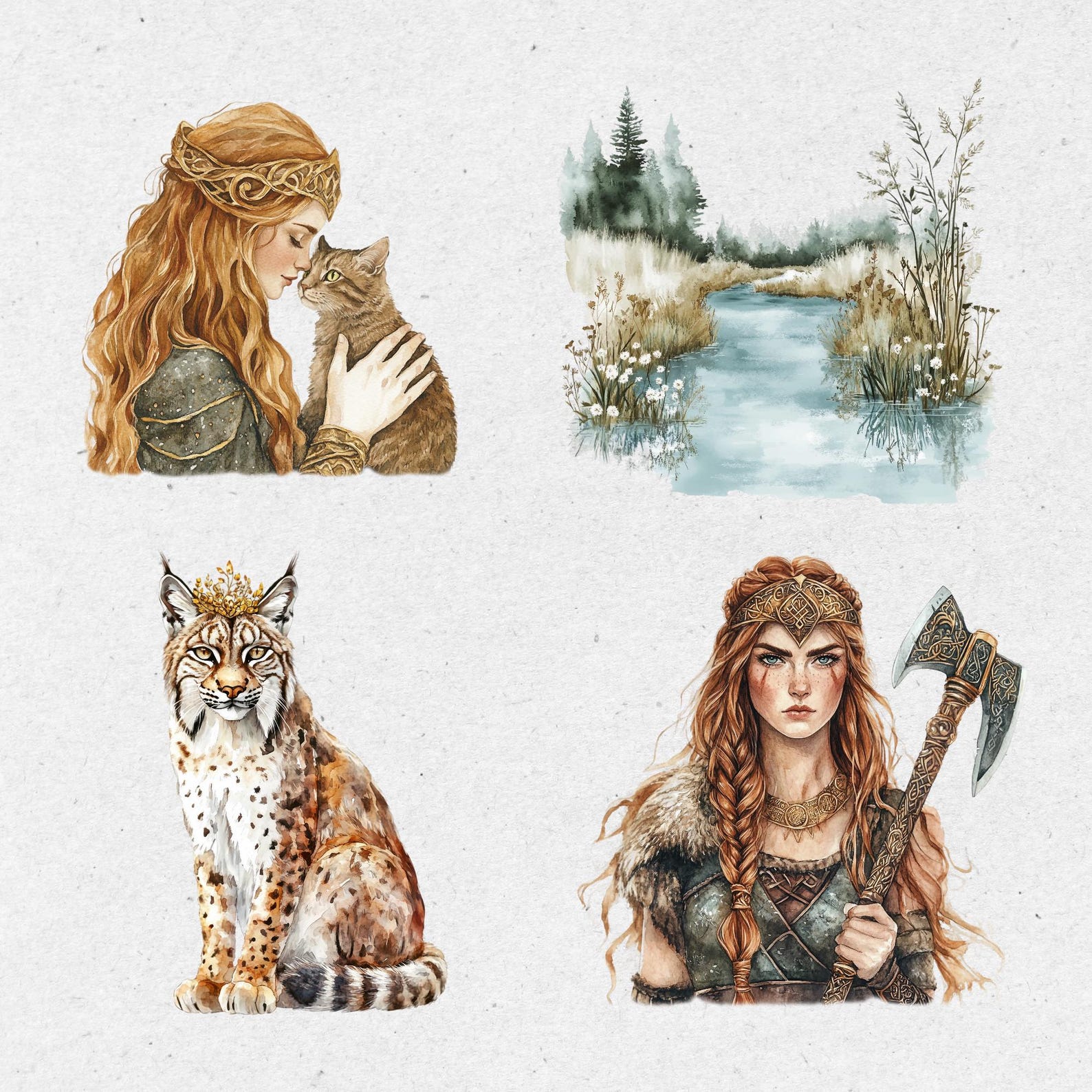 Watercolor Goddess Freya Clipart Png Bundle, Norse Mythology Clipart ...