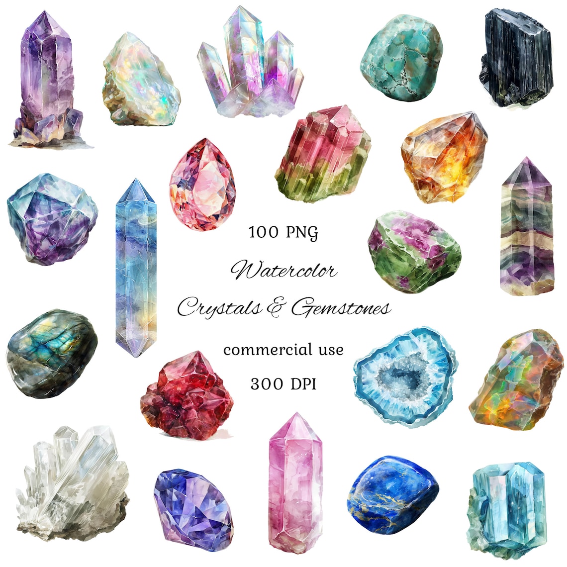Crystal Gemstones Watercolor Clipart Png Bundle, Crystals Clipart ...