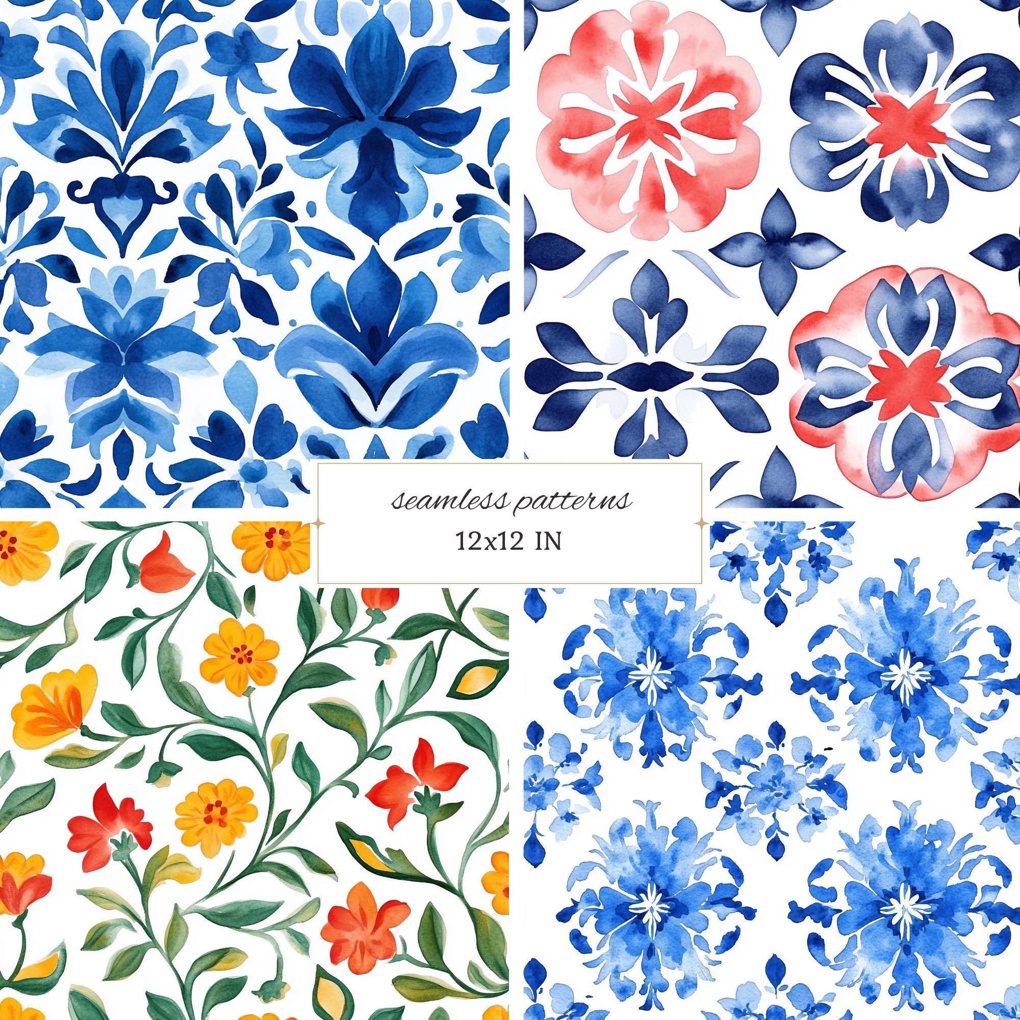 Watercolor Sicilian Tile Seamless Pattern, Blue and White Tile ...