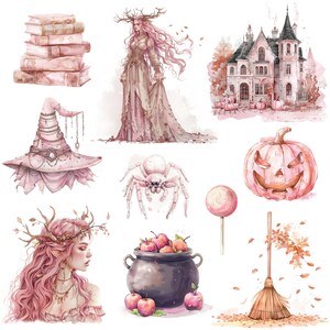 Pink Halloween Clipart Png Bundle, Pastel Halloween, Watercolor ...