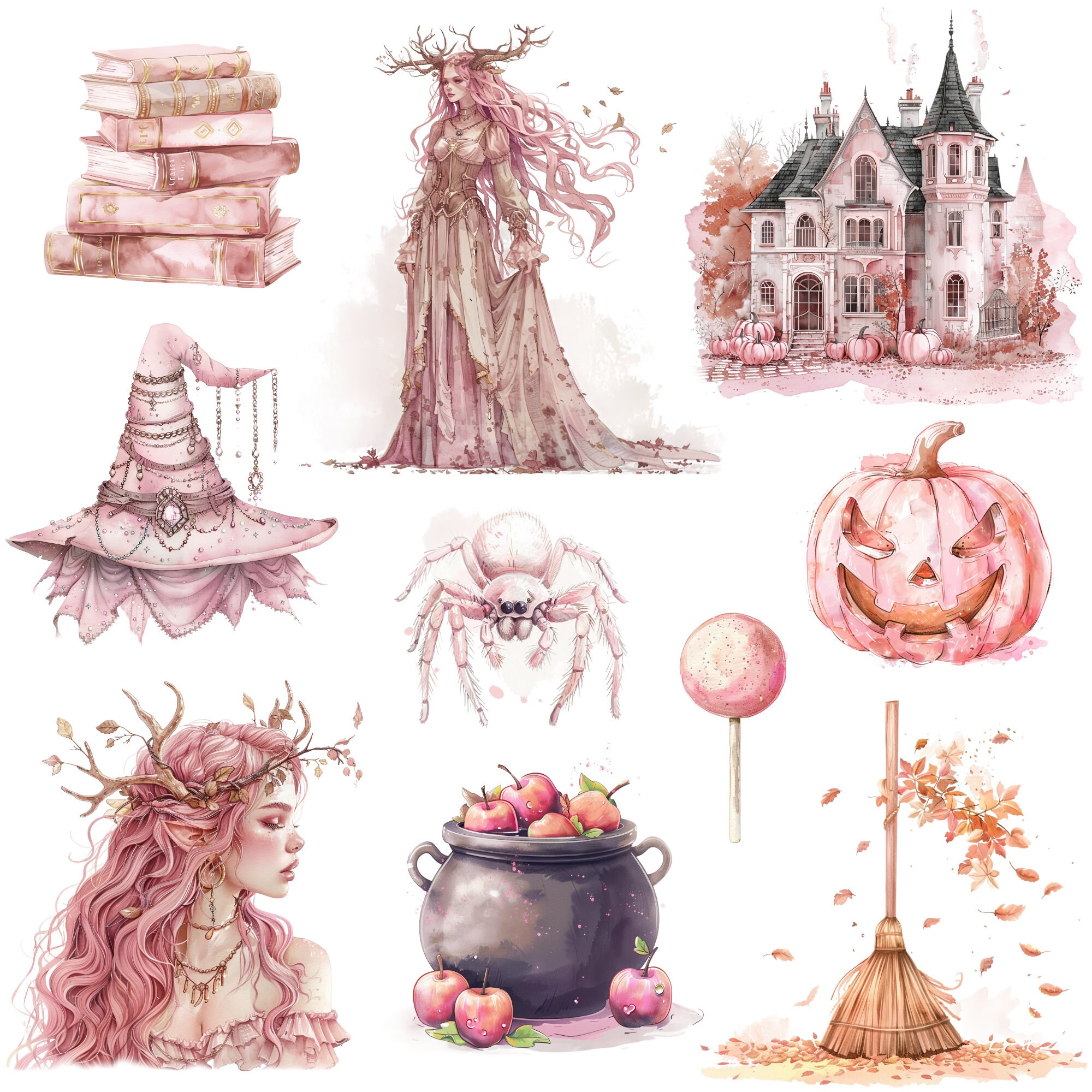 Pink Halloween Clipart Png Bundle, Pastel Halloween, Watercolor ...