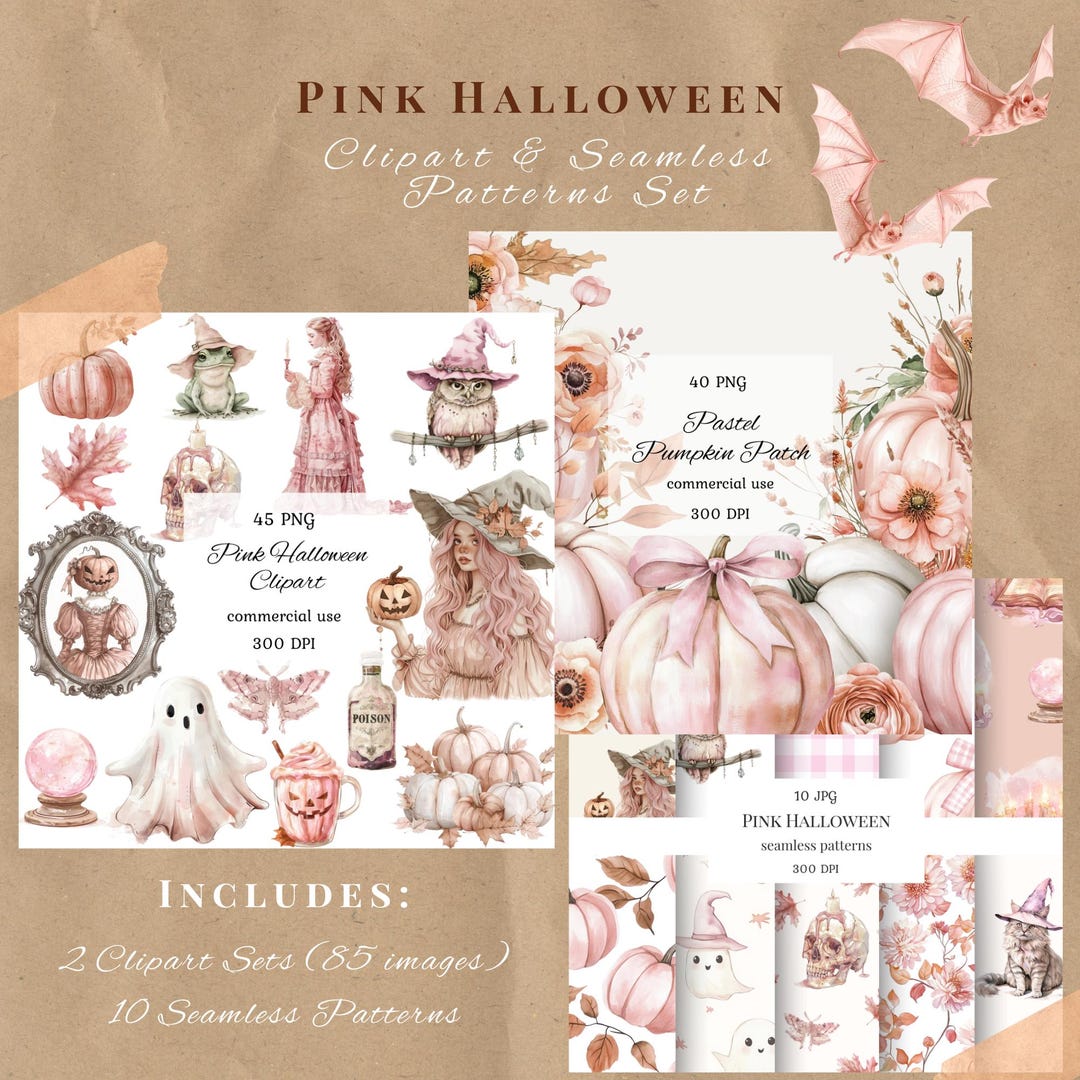 Pink Halloween Clipart Png Bundle, Pastel Halloween, Watercolor ...