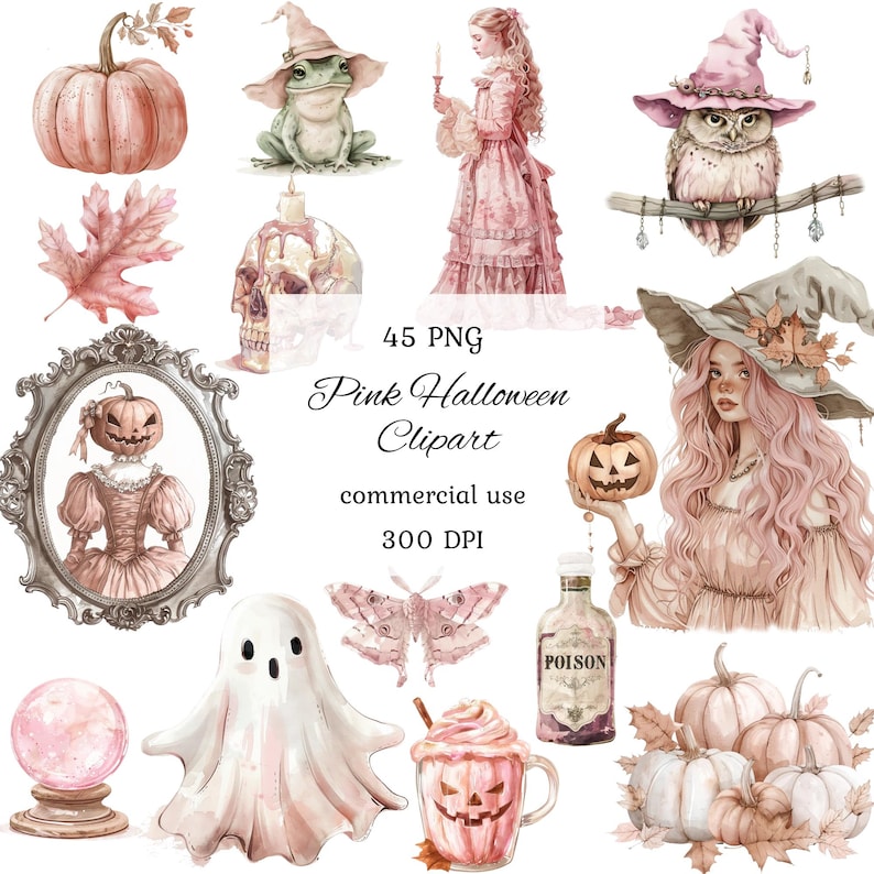 Pink Halloween Clipart Png Bundle, Pastel Halloween, Watercolor ...