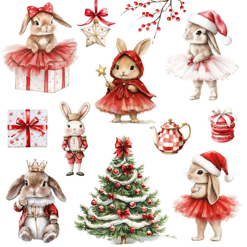 Watercolor Christmas Ballerina Bunny Clipart Png Bundle, Whimsical ...