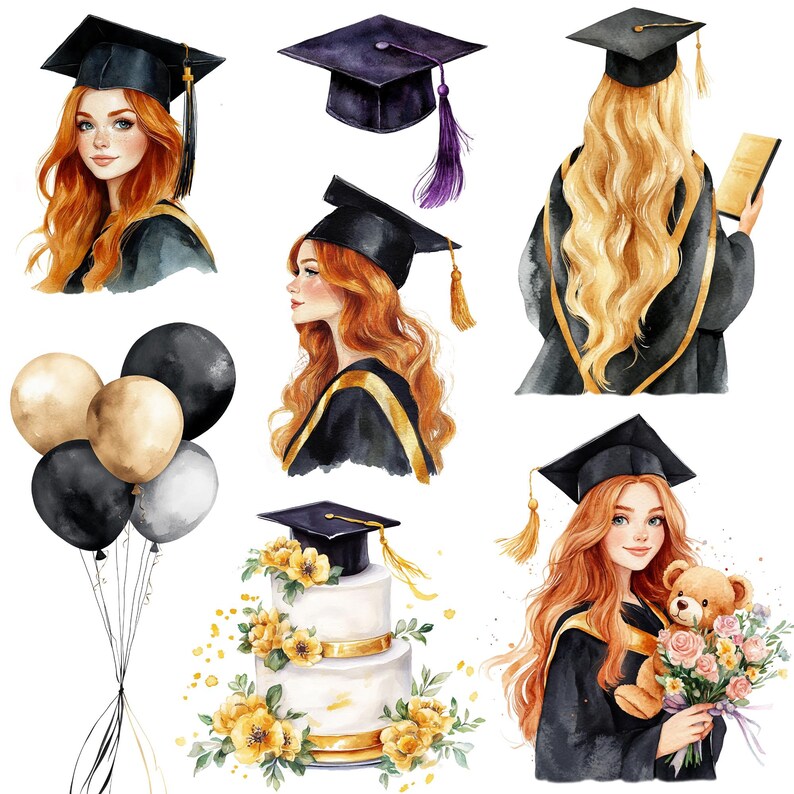 Watercolor Graduation Clipart Png Bundle, Graduation Girl Clipart ...