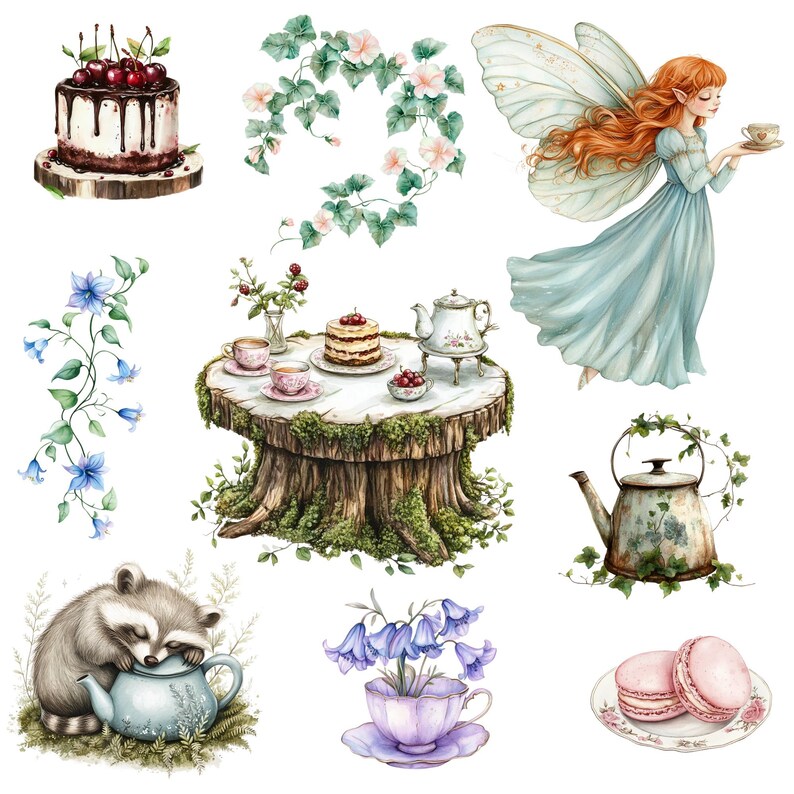 Watercolor Fairy Tea Party Clipart Png Bundle, Watercolor Tea Party ...