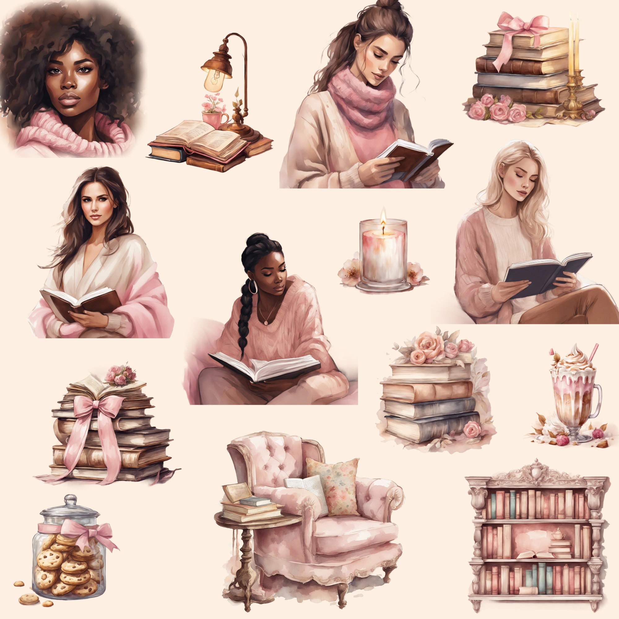 Bookworm Blush Pink Clipart Watercolor Book Lover Clipart Bundle ...