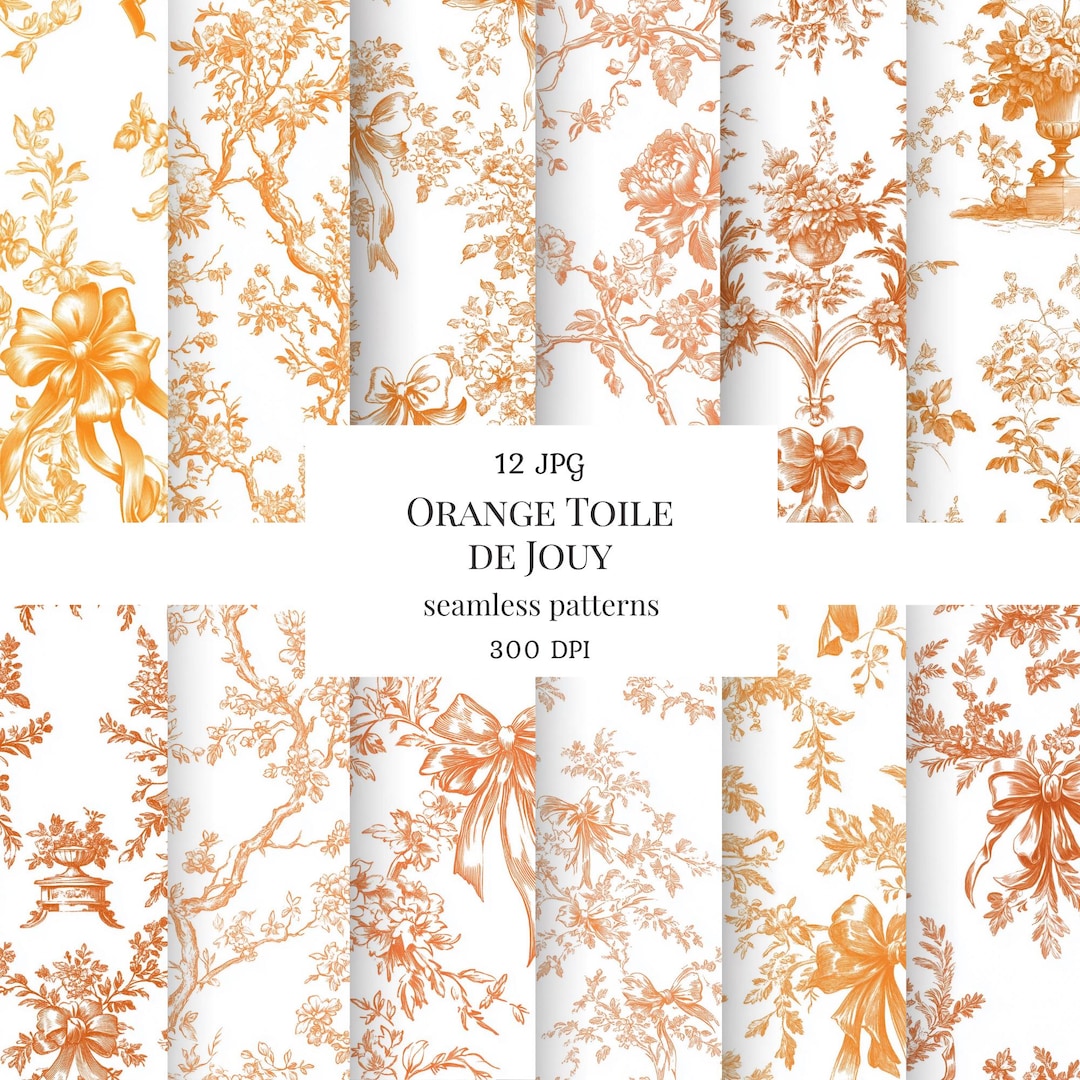 Orange Toile De Jouy Seamless Pattern, Vintage Floral Toile, Orange ...