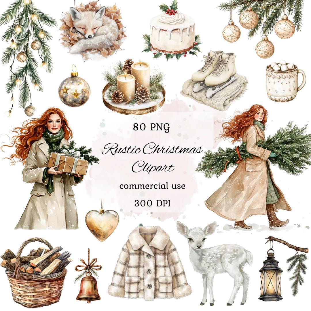 Rustic Christmas Clipart Png Bundle, Watercolor Christmas, Winter ...
