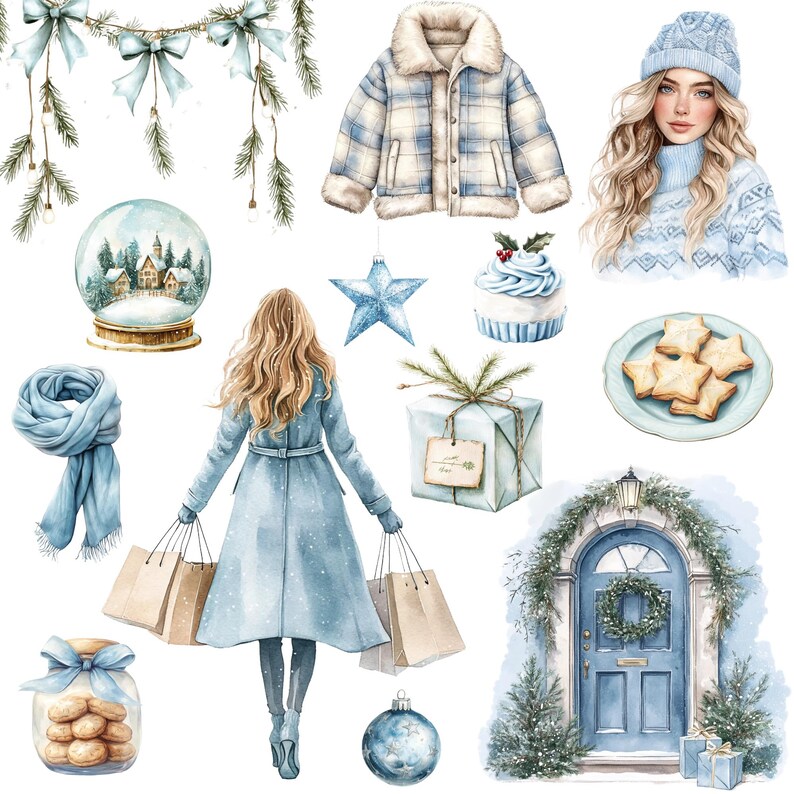 Blue Christmas Clipart Png Bundle, Watercolor Christmas, Blue Winter ...