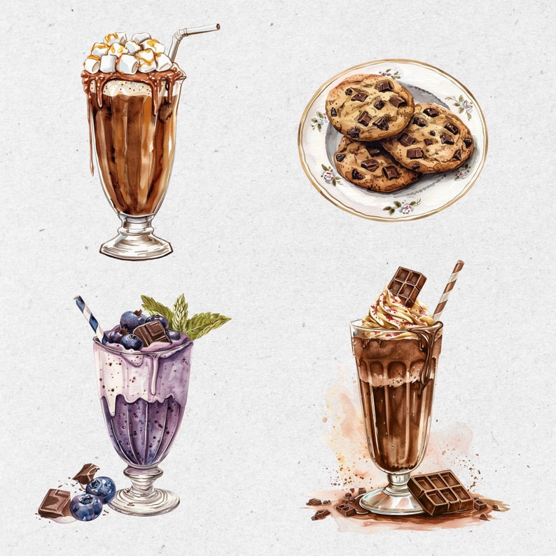 Milkshake Watercolor Clipart Png Bundle, Summer Clipart, Dessert ...
