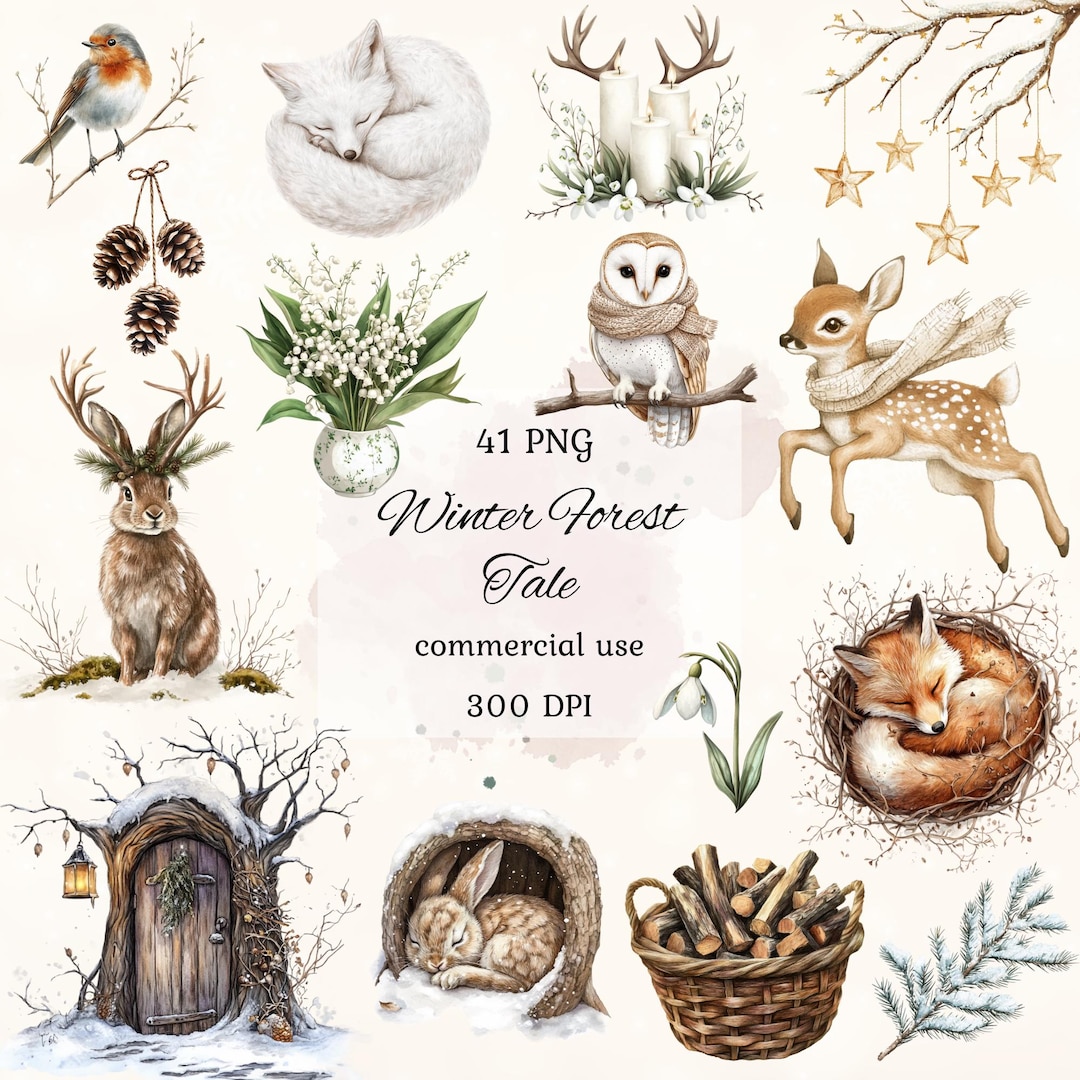 Winter Woodland Animals Clipart Png Bundle, Winter Clipart, Boho ...