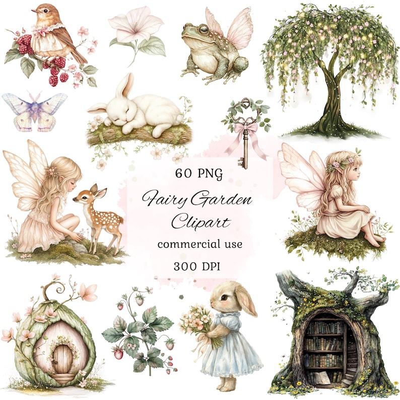 Pink Fairy Garden Clipart Png Bundle, Watercolor Fairy, Fairytale ...