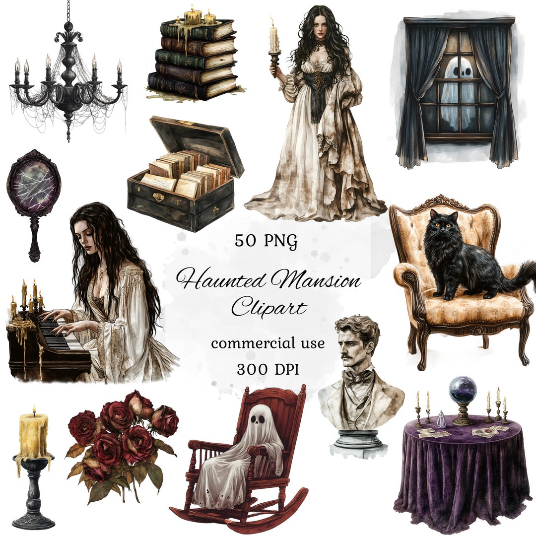 Haunted Mansion Watercolor Clipart Png Bundle, Halloween Clipart ...