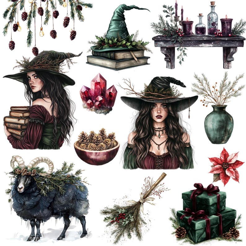 Christmas Witch Watercolor Clipart Bundle, Winter Clipart, Witch Junk ...
