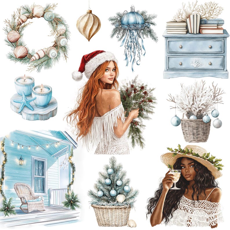 Coastal Christmas Clipart Png Bundle, Coastal Christmas Wreath ...