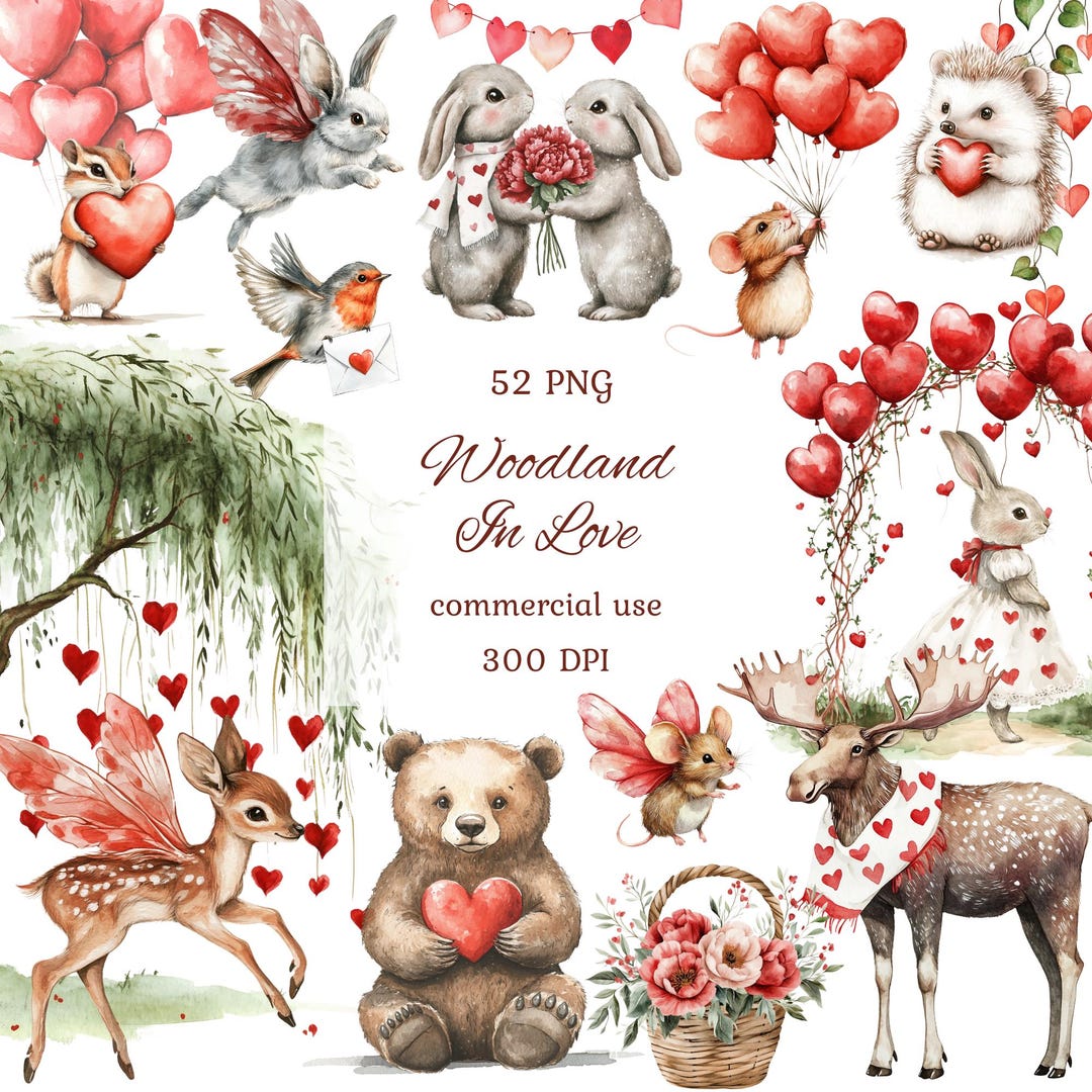 Watercolor Valentine Woodland Animals Clipart Png Bundle, Valentine's ...