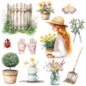 Watercolor Gardening Clipart Png Bundle, Spring Garden Clipart, Garden ...
