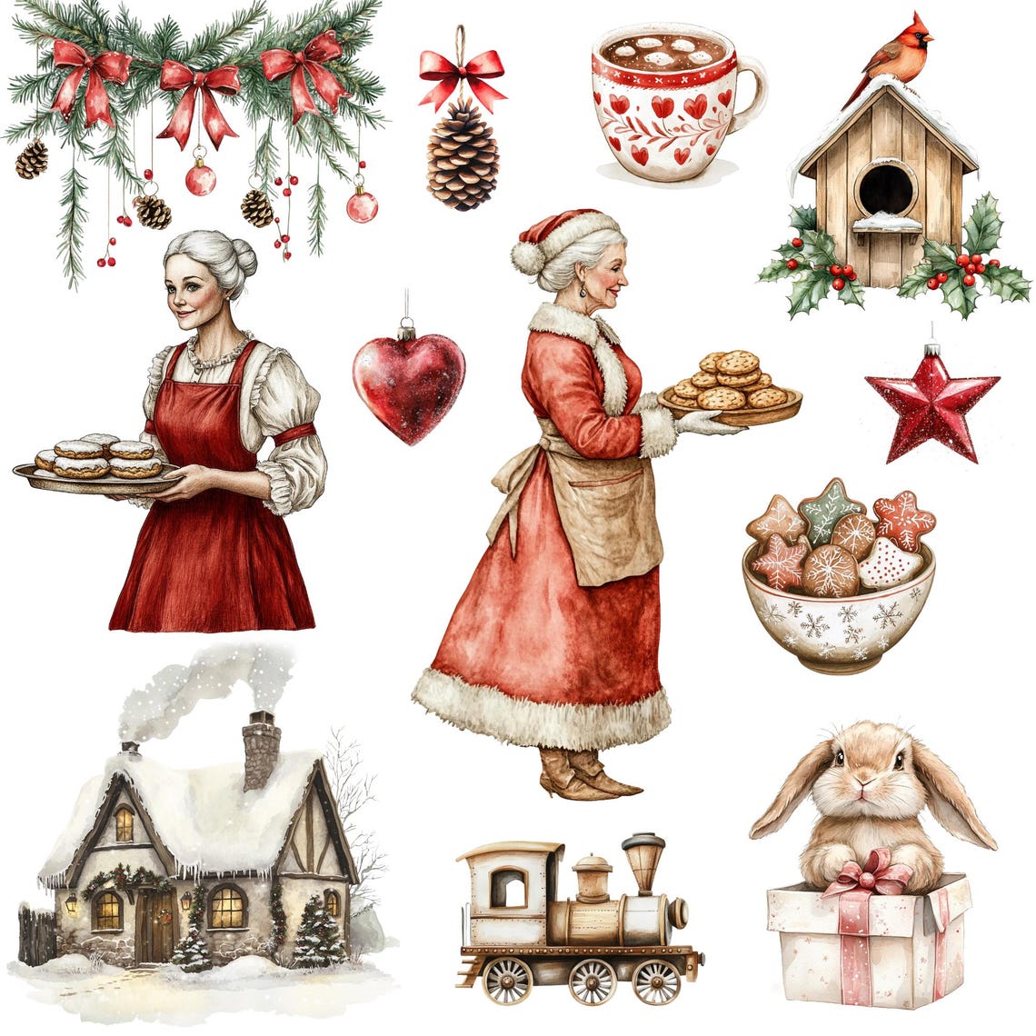 Watercolor Santa's Village Clipart Png Bundle, Reindeer Christmas ...