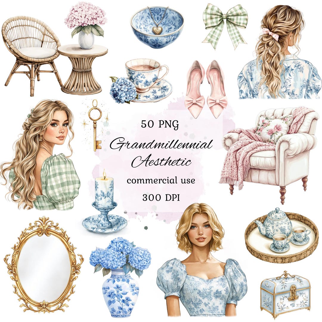 Watercolor Grandmillennial Clipart Png Bundle, Blue Chinoiserie Clipart ...