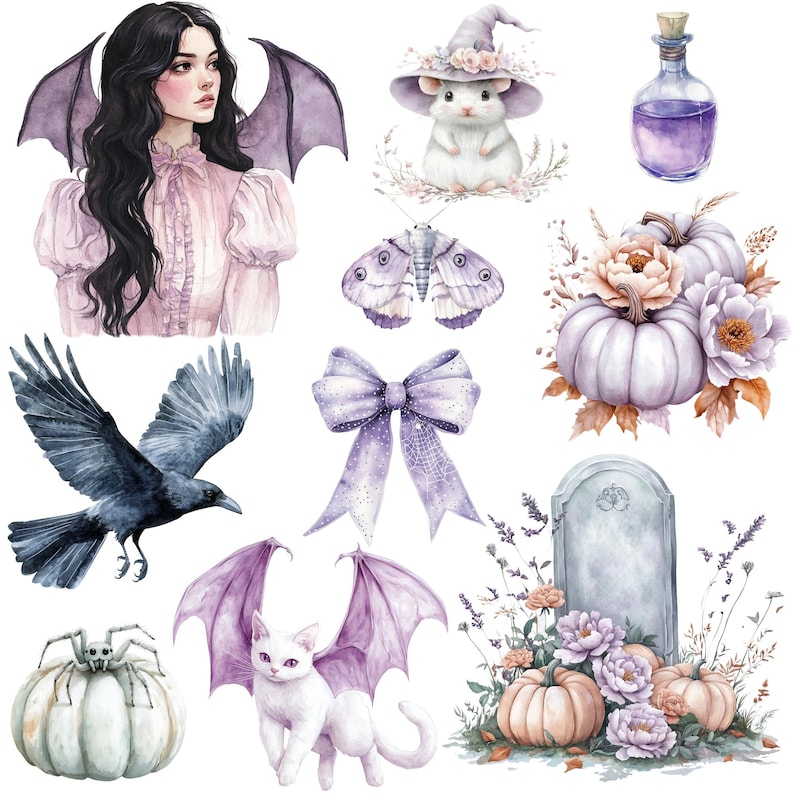 Watercolor Pastel Halloween Clipart Png Bundle, Pastel Floral Pumpkin ...