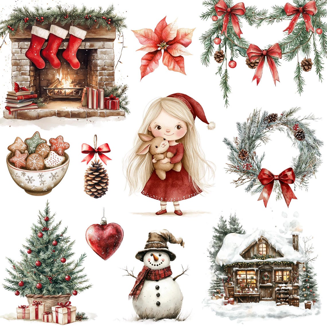 Watercolor Santa's Village Clipart Png Bundle, Reindeer Christmas ...