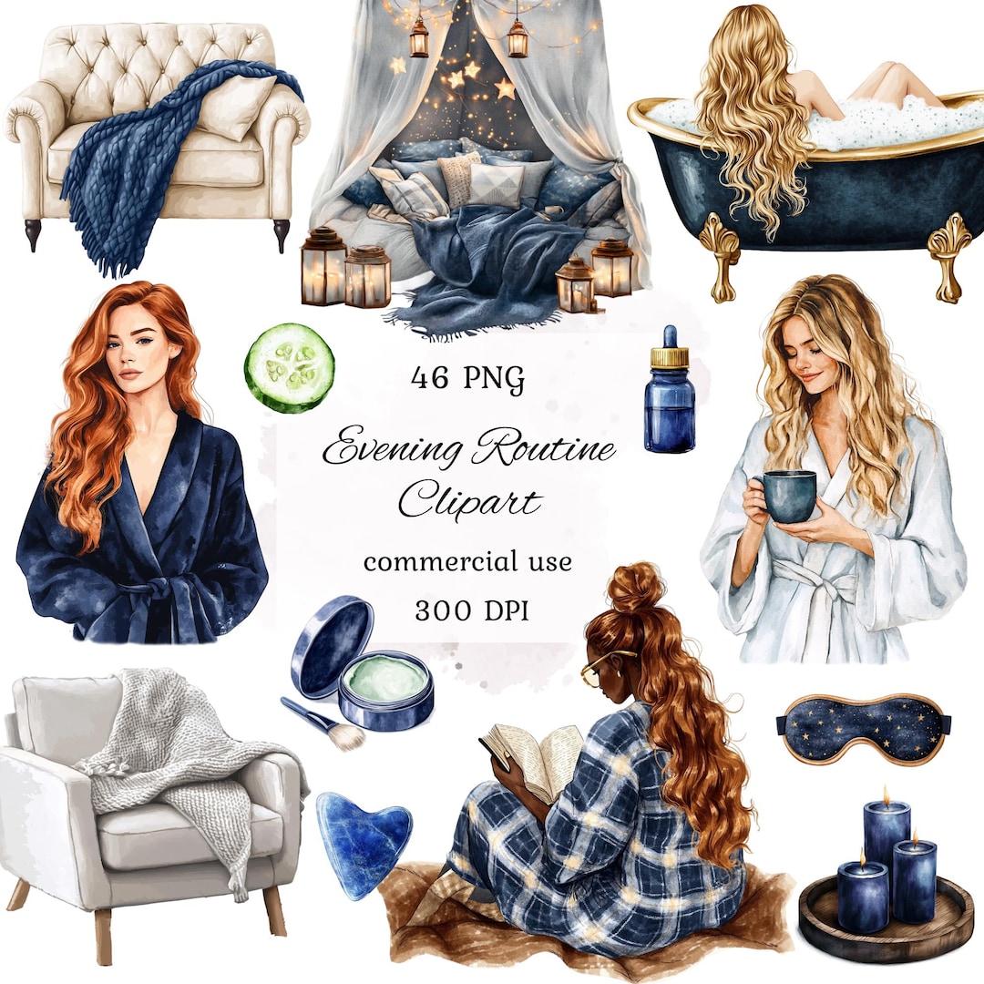 Watercolor Evening Routine Clipart Png Bundle, Night Routine Clipart ...