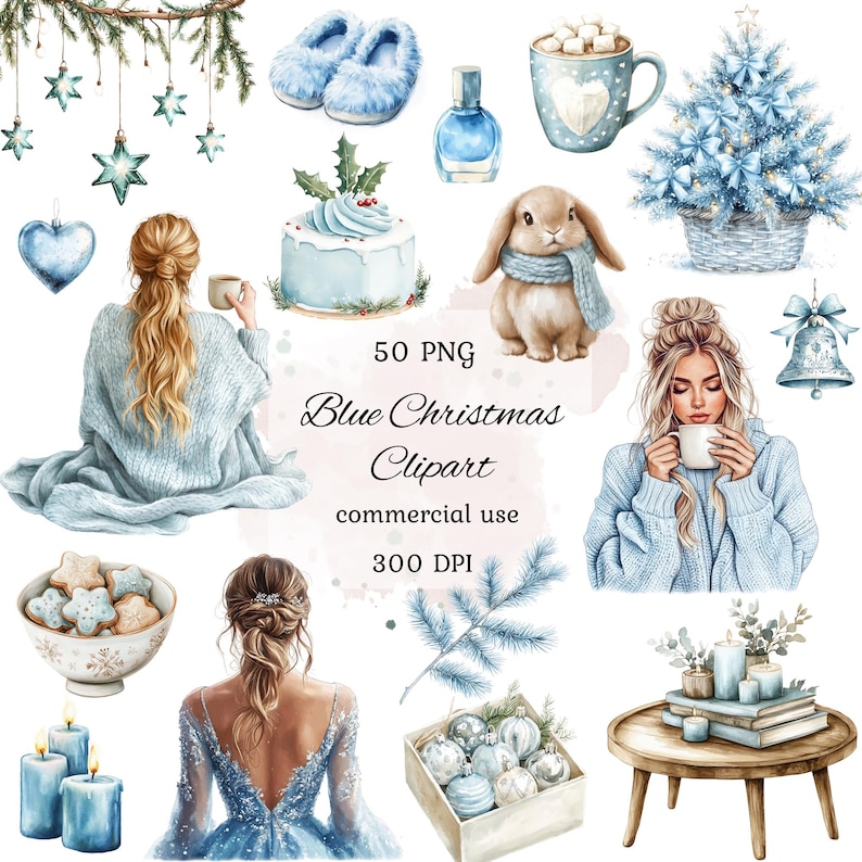 Blue Christmas Clipart Png Bundle, Watercolor Christmas, Blue Winter ...