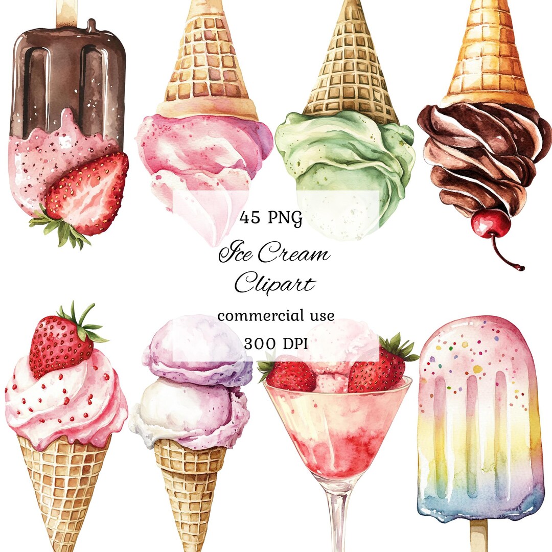 Watercolor Ice Cream Clipart Png Bundle, Ice Cream Cone Clipart, Ice ...