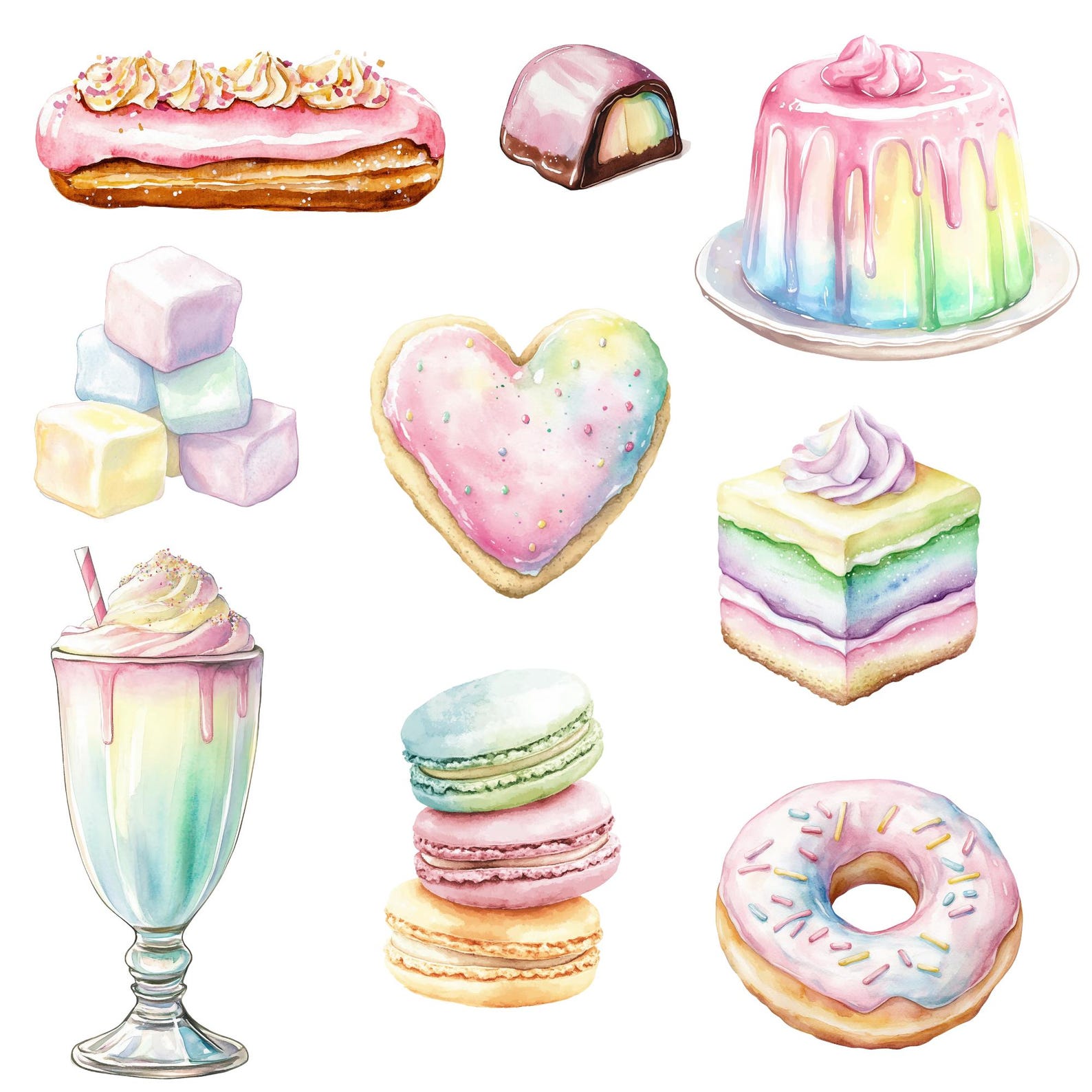 Watercolor Pastel Sweets Clipart Png Bundle, Dessert Clipart, Cake ...