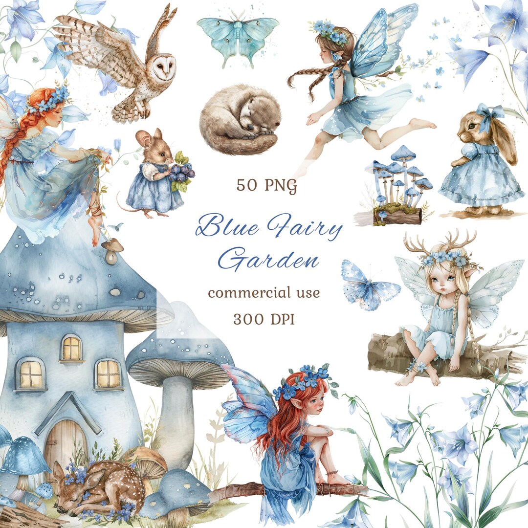 Watercolor Blue Fairy Clipart Png Bundle, Magical Fairy Mushroom House ...
