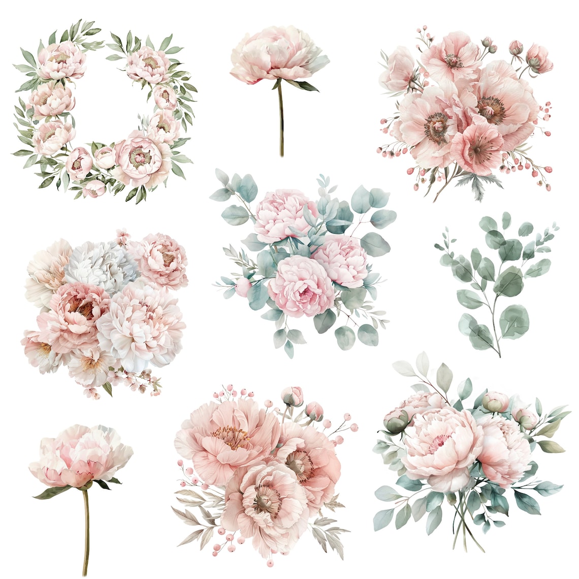 Dusty Rose Floral Clipart Png Bundle, Pastel Watercolor Blush Floral ...