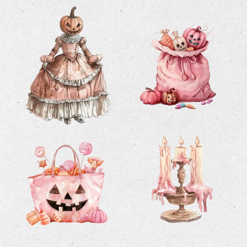 Pink Halloween Clipart Png Bundle, Pastel Halloween, Watercolor ...