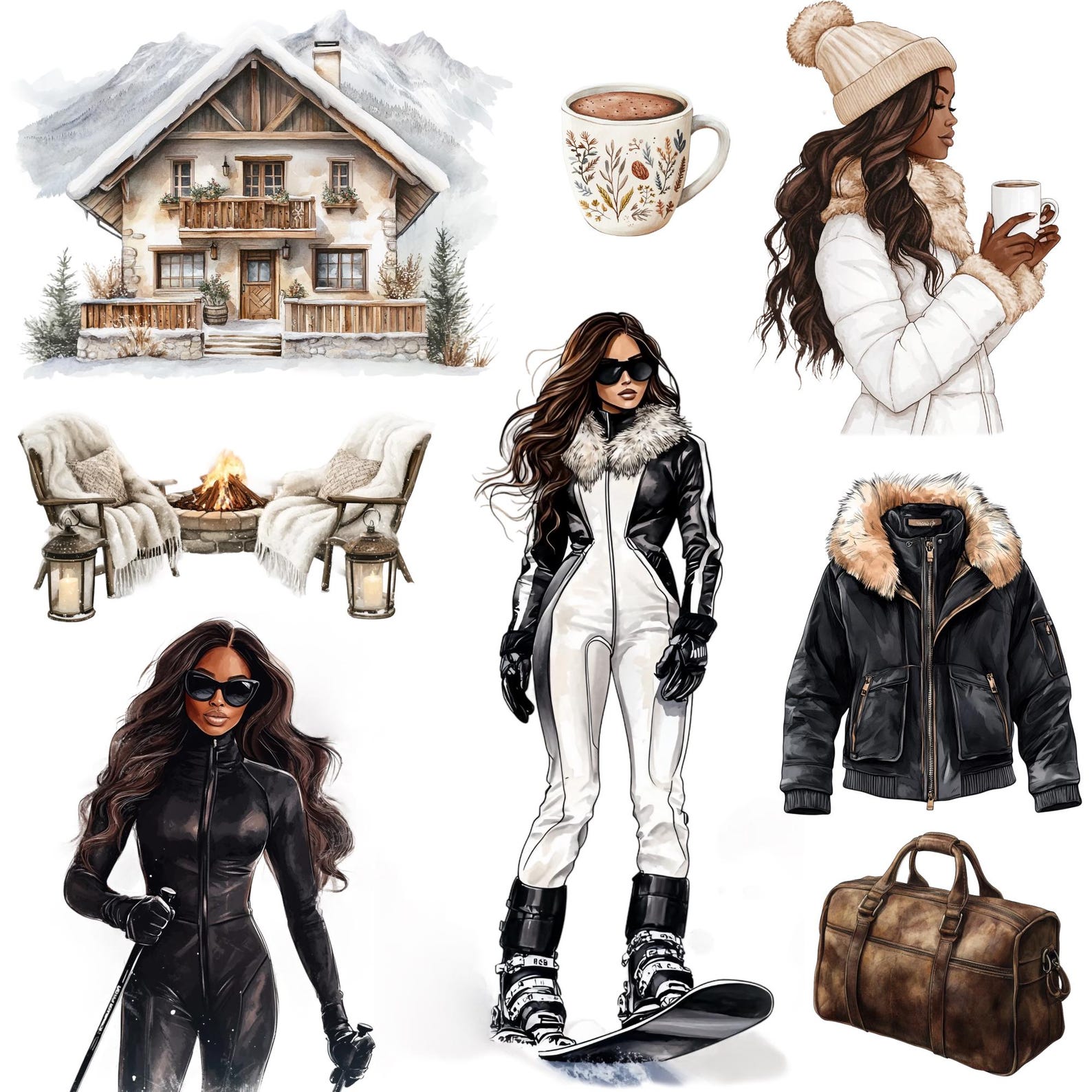 Watercolor Winter Ski Clipart Png Bundle, Winter Girl Clipart, Ski ...