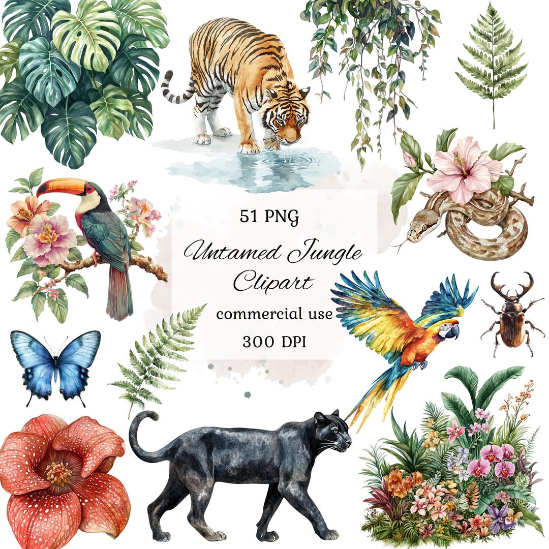 Watercolor Jungle Animals Clipart Png Bundle, Jungle Clipart, Cute ...