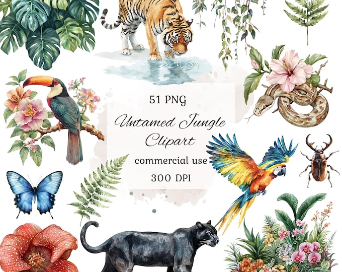 Watercolor Jungle Animals Clip Art: High-res Jpgs (digital Download ...