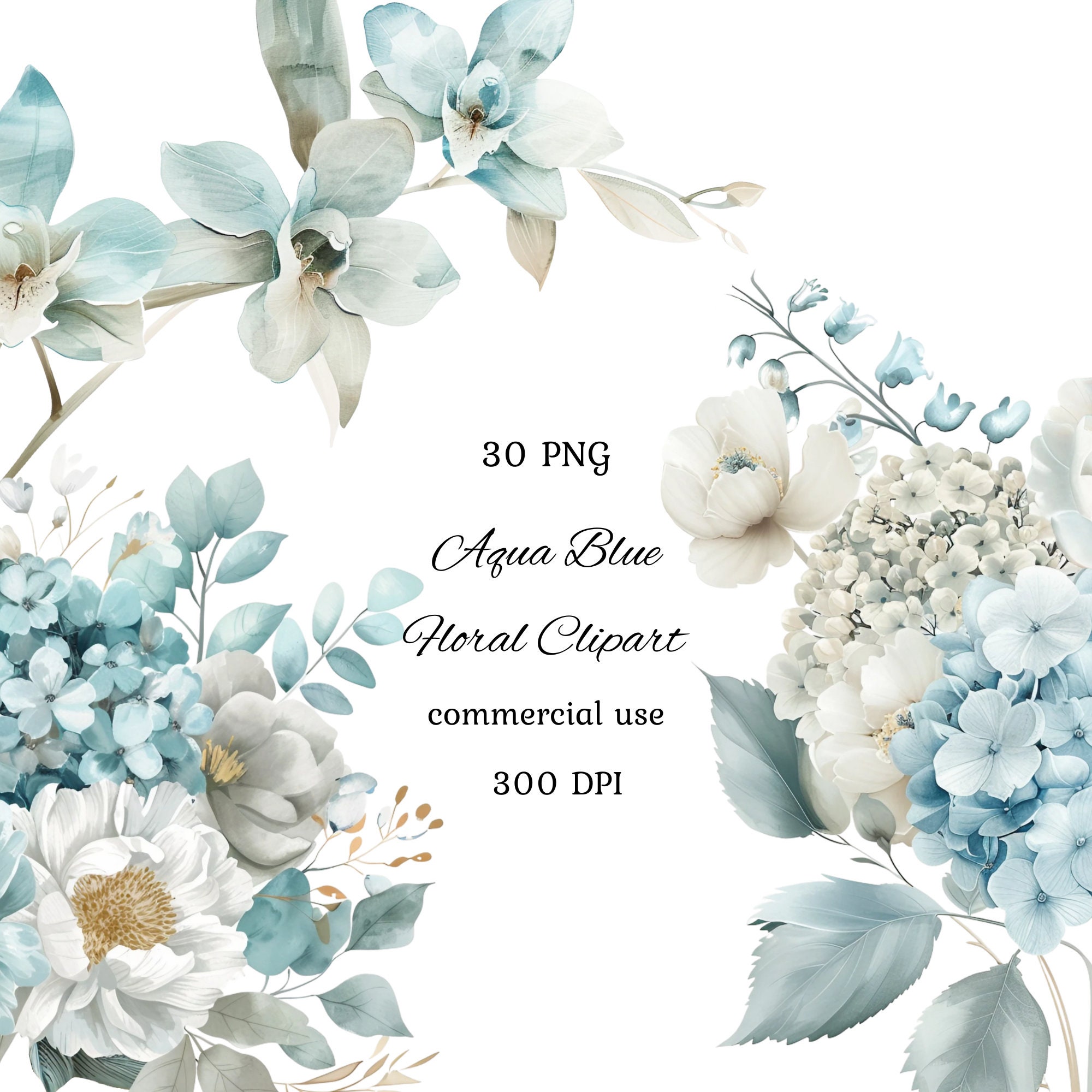 Aqua Floral Watercolor Clipart Png Bundle, Aqua Blue Floral Clipart ...