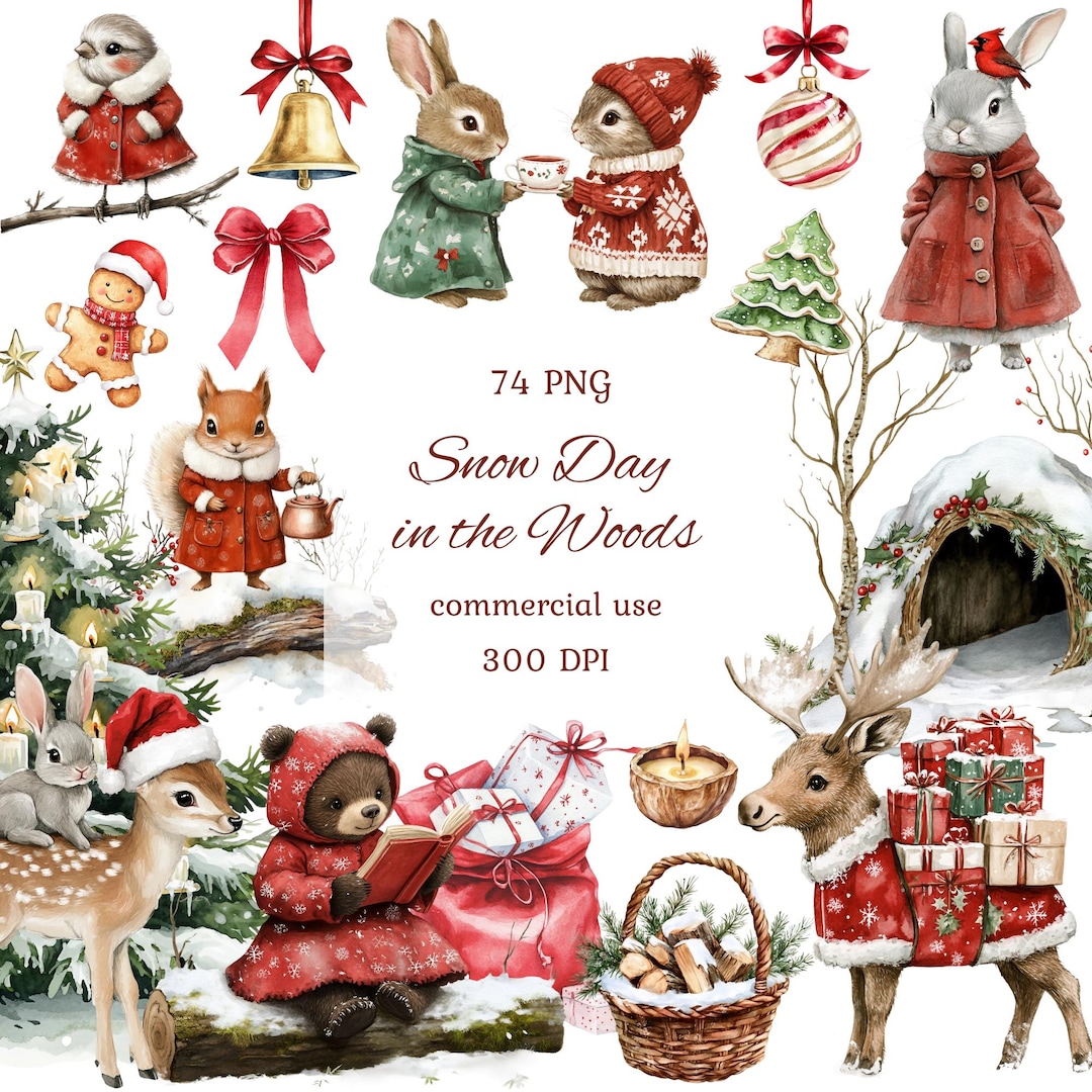 Watercolor Christmas Woodland Santa Clipart Png Bundle, Cute Woodland ...