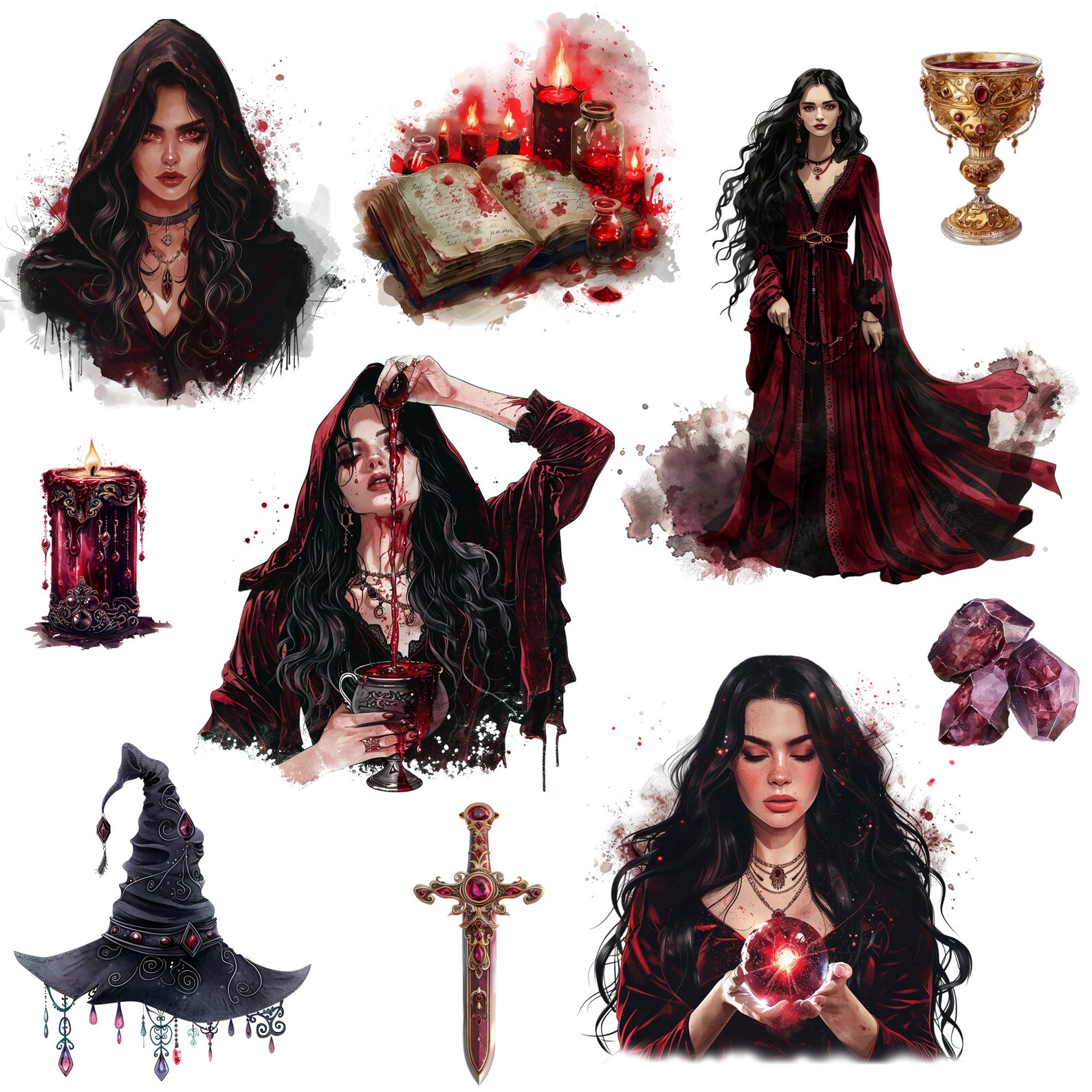 Blood Witch Watercolor Clipart Png Bundle, Witchcraft, Occult Png, Ai ...