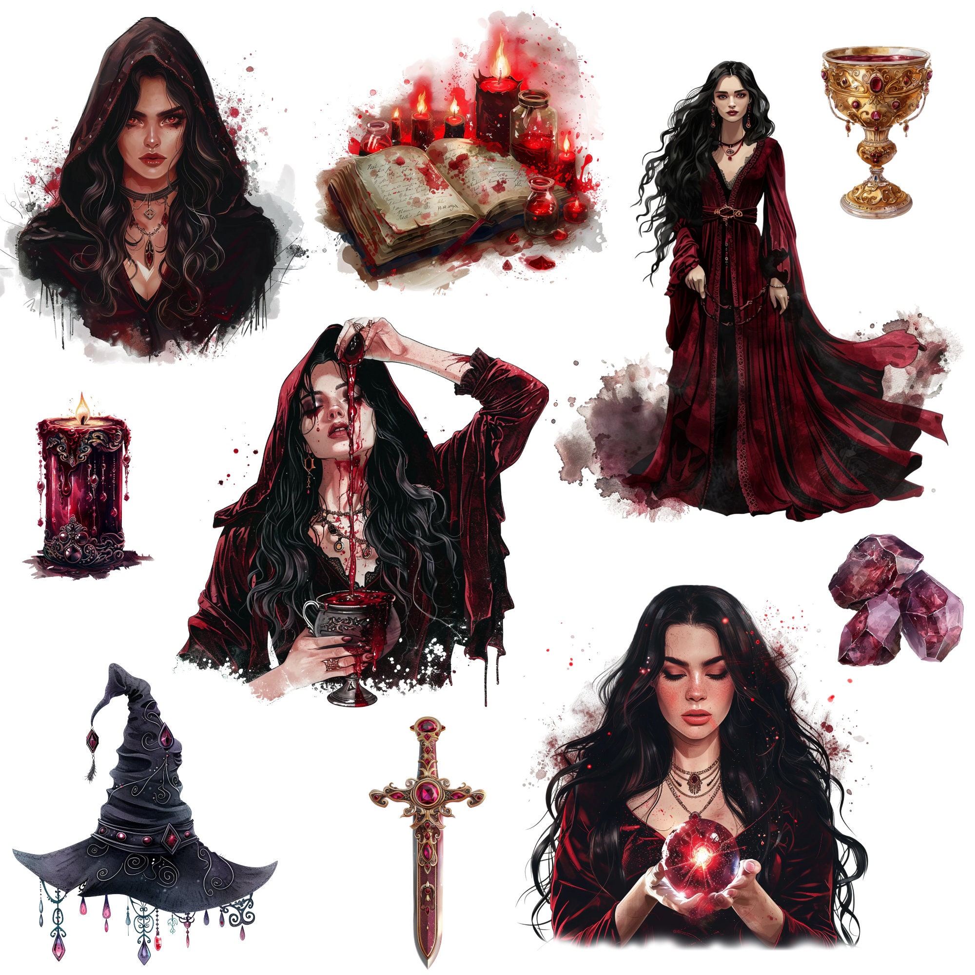 Blood Witch Watercolor Clipart Png Bundle, Witchcraft, Occult Png, Ai ...